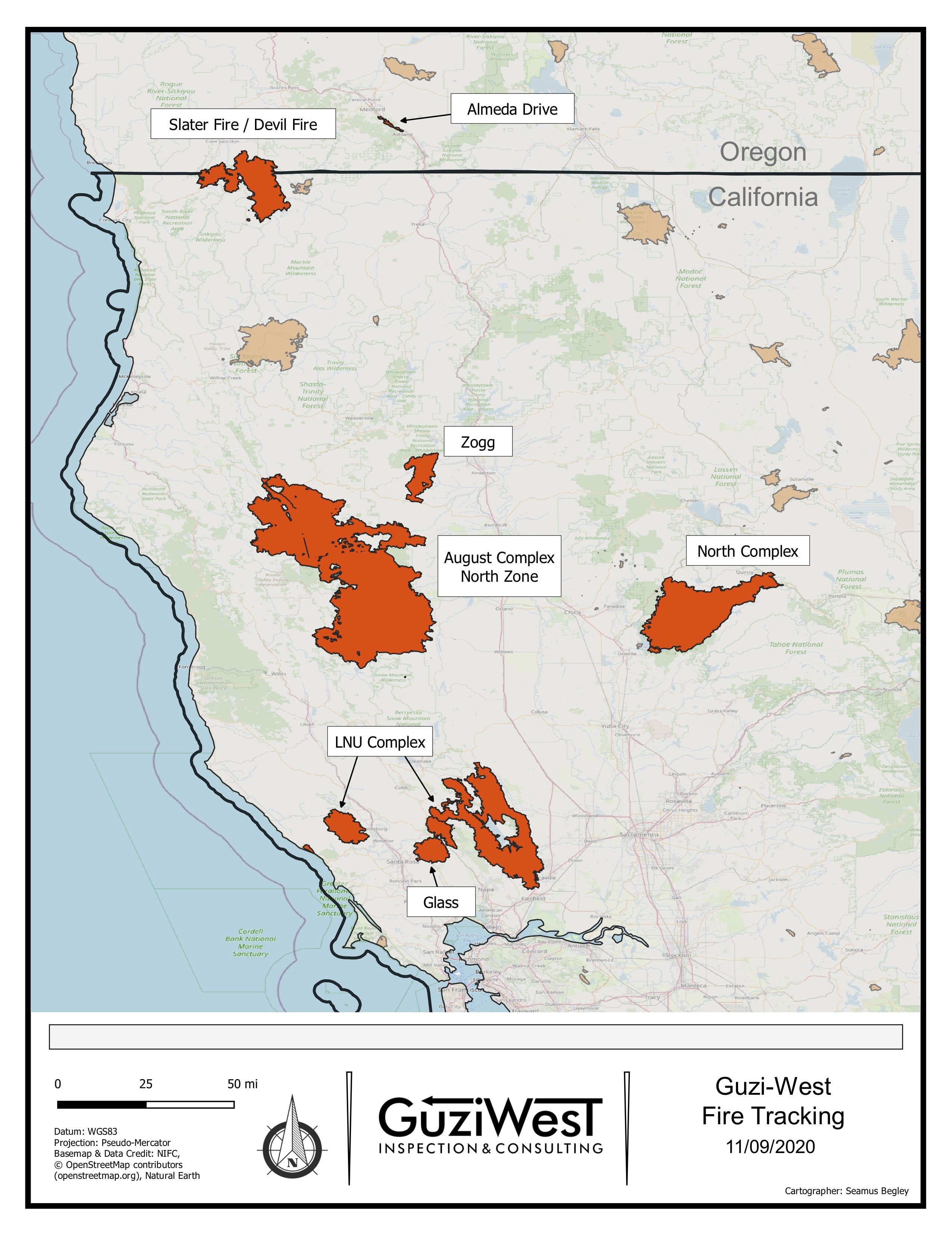 Map of Guzi-West fire Tracking - click to expand fullsize map